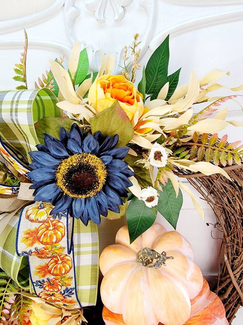 Fall Pumpkin Twig Wreath Autumn Sunflower Grapevine Front - Etsy