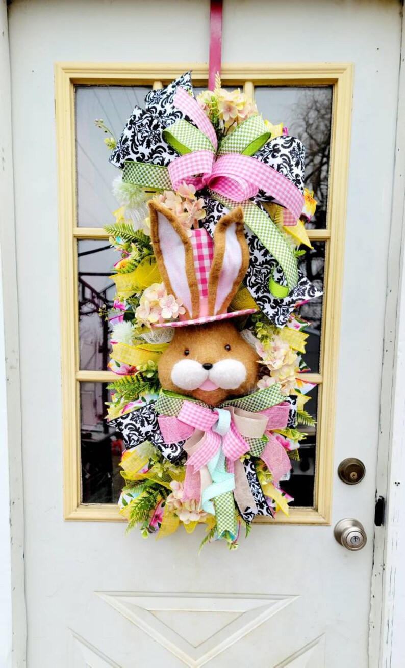 Pink Easter Bunny Swag Front Door, Spring Rabbit Hydrangea Elegant ...