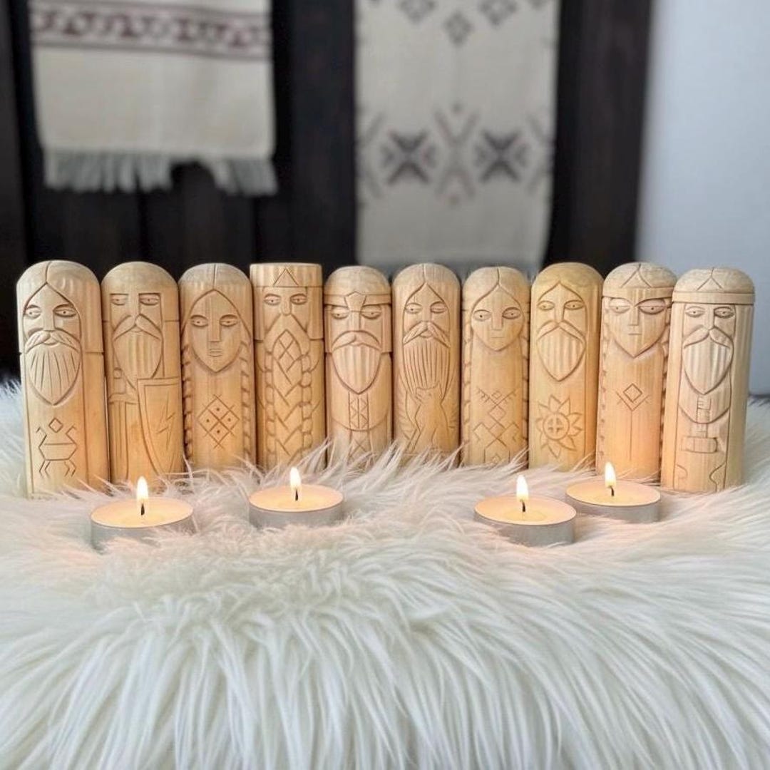 Hand Carved Slavic Gods Set of 10 Wooden Idols Pagan Altar Decor Rustic ...