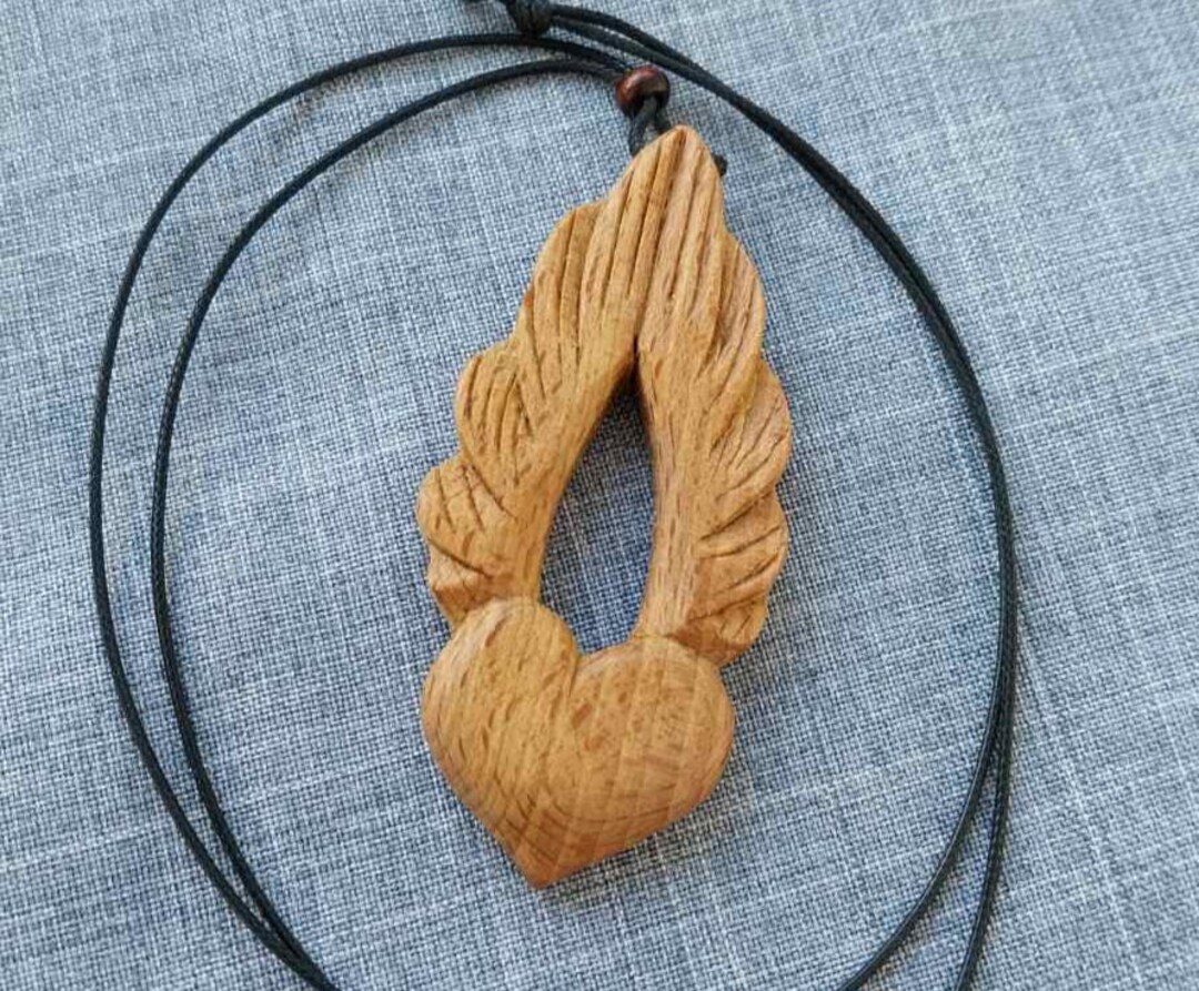 Handmade Wood Carved Pendant Heart With Wings. Heart Wings Pendant ...