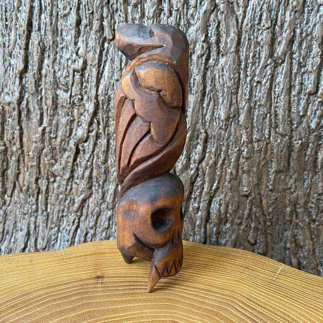 Wood Carved Raven on Skull Figurine Gothic Pagan Decor Handcrafted Dark ...