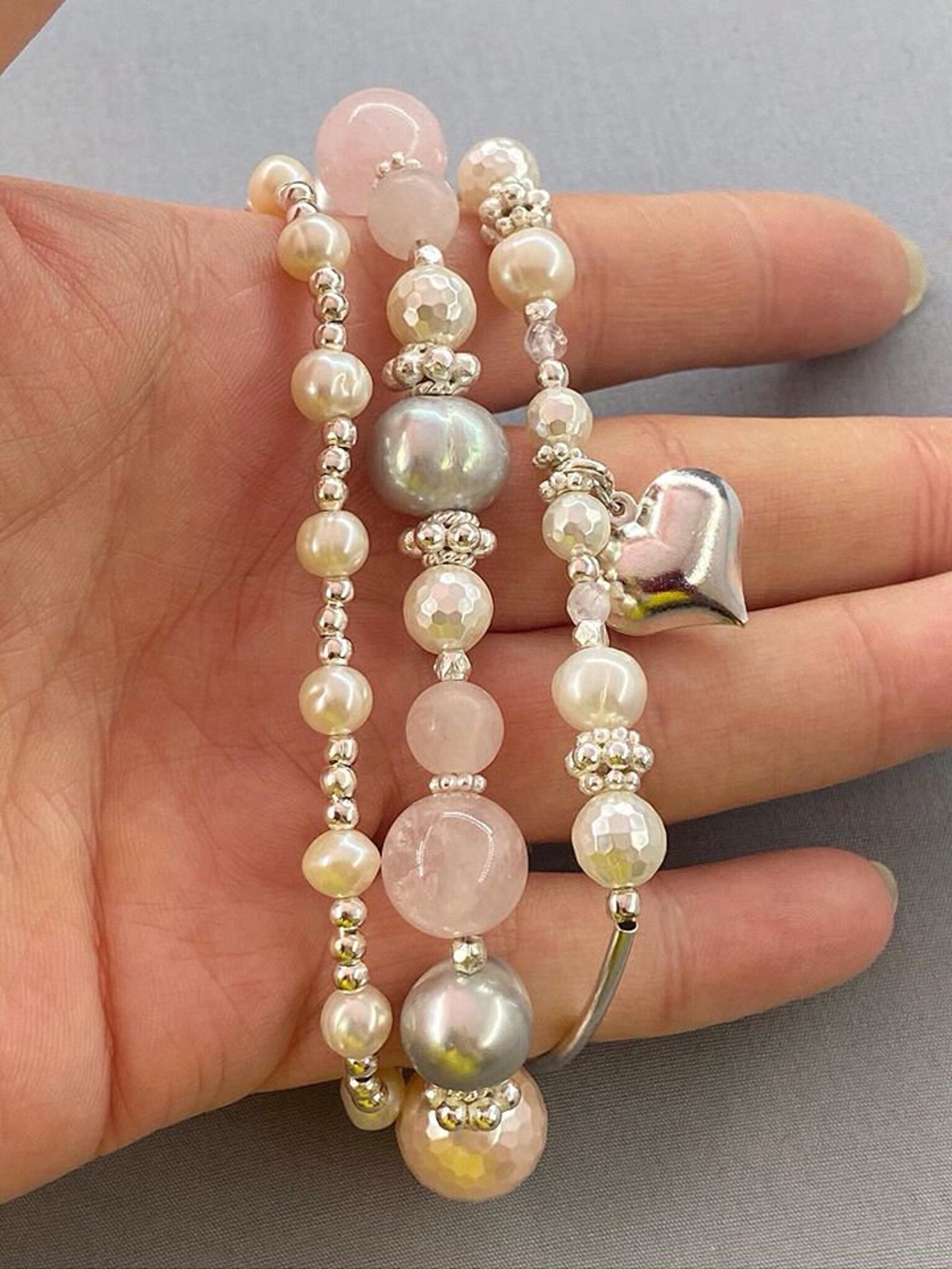 3 in 1 Stacking Bracelets With Pastel Gemstones, Silver Plate Heart ...