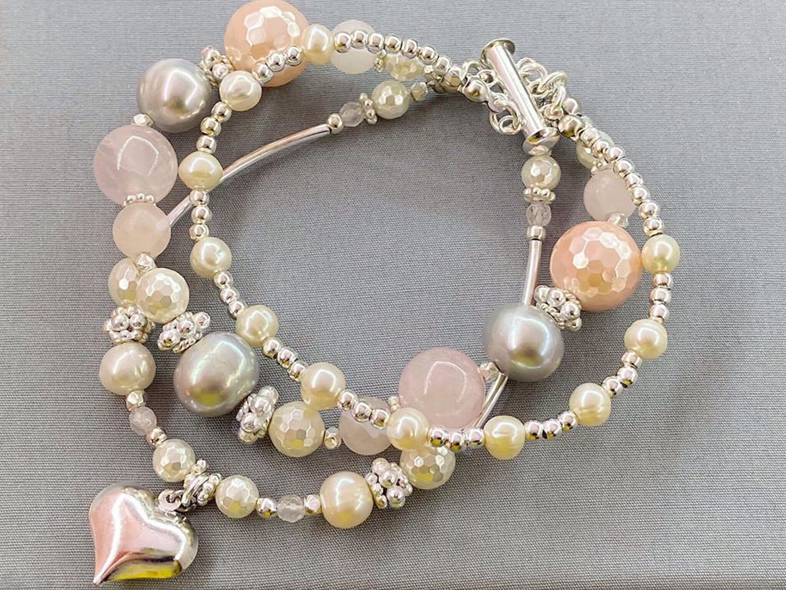 3 in 1 Stacking Bracelets With Pastel Gemstones, Silver Plate Heart ...