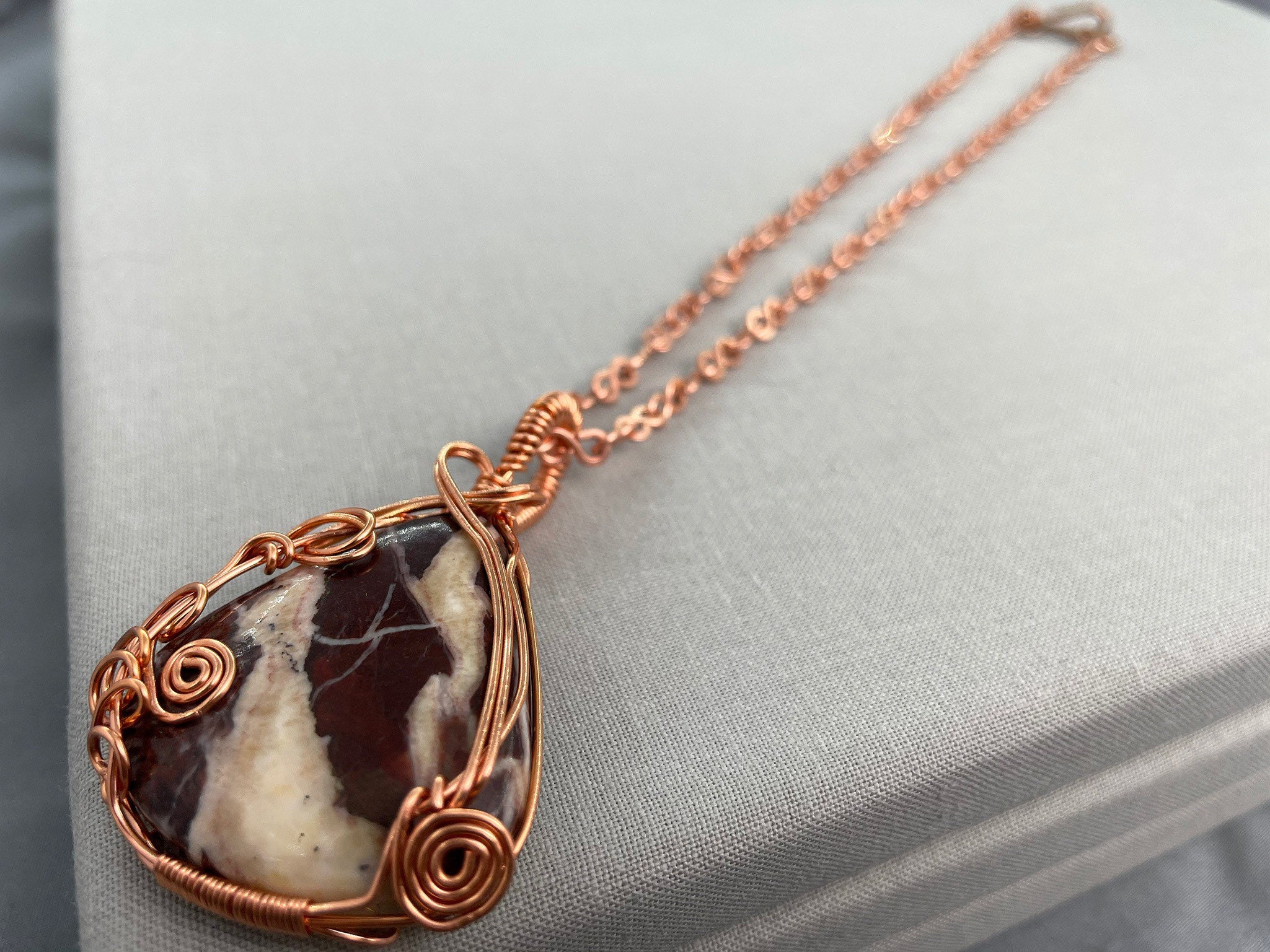 Brown & White Agate Copper Wire Wrap Pendant Hammered Chain - Etsy