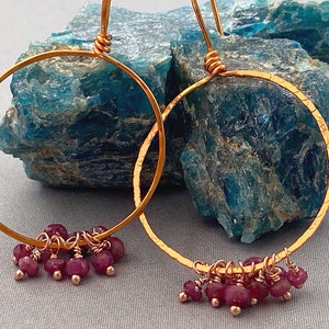 Copper Hoop Earrings With Rubies, Ruby Hoop Earrings, July Birthstone ...