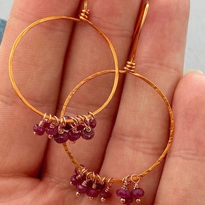 Copper Hoop Earrings With Rubies, Ruby Hoop Earrings, July Birthstone ...