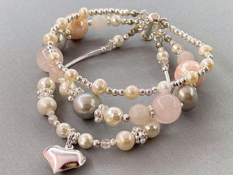 3 in 1 Stacking Bracelets With Pastel Gemstones, Silver Plate Heart ...