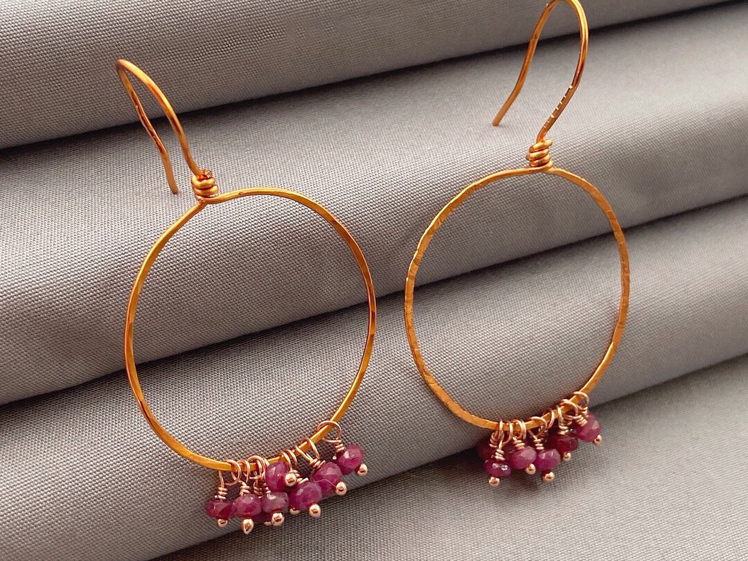 Copper Hoop Earrings With Rubies, Ruby Hoop Earrings, July Birthstone ...