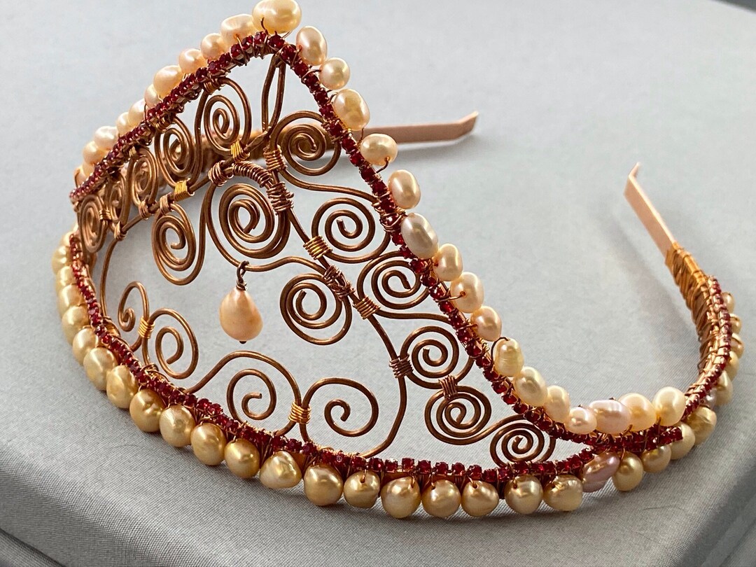Vintage Style Copper Bridal Tiara: Cultured Pearls & Austrian Crystal ...