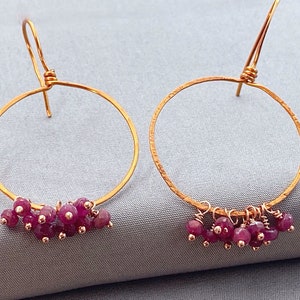 Copper Hoop Earrings With Rubies, Ruby Hoop Earrings, July Birthstone ...