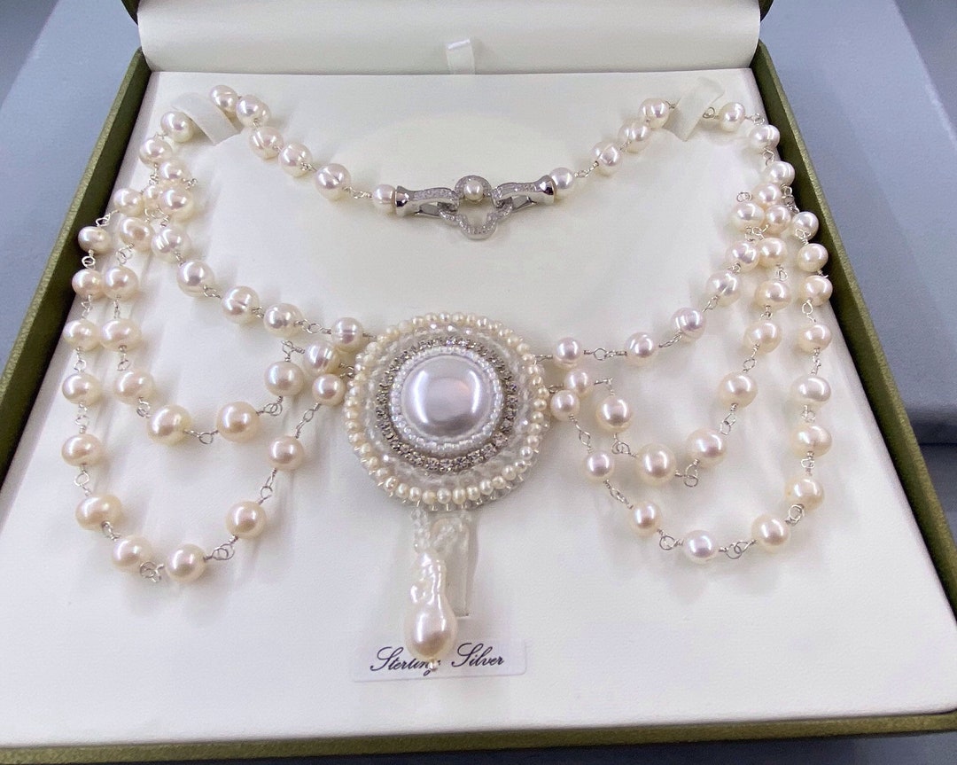 Vintage Bridal Pearl Drape Necklace: Sterling Silver & Topaz - Etsy