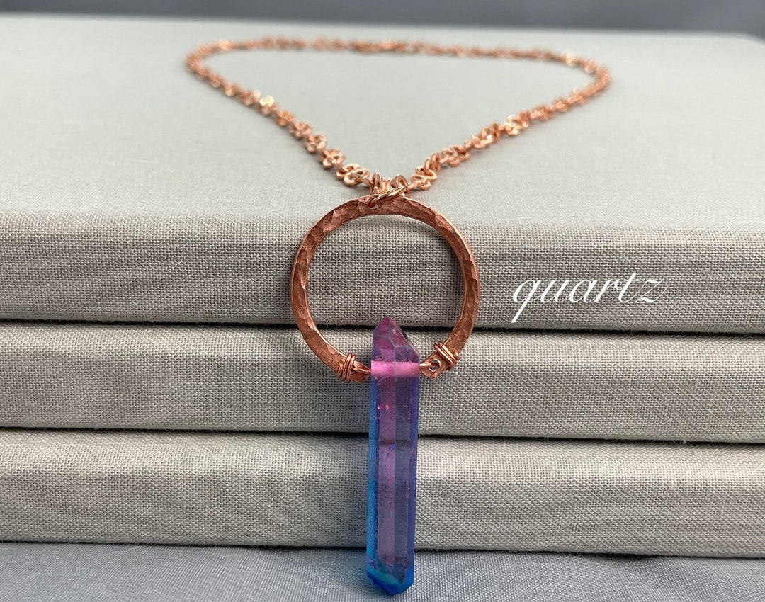 Hammered Copper Rainbow Quartz Pendant Necklace: Bohemian Crystal Shard ...