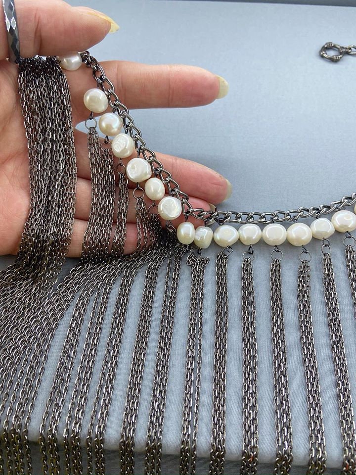 Pearl Necklace With Gunmetal Fringe Choice of Colour - Etsy