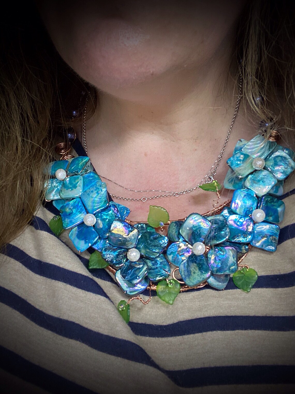 Floral Bib Necklace Shell Pearl Flower Necklace Blue - Etsy