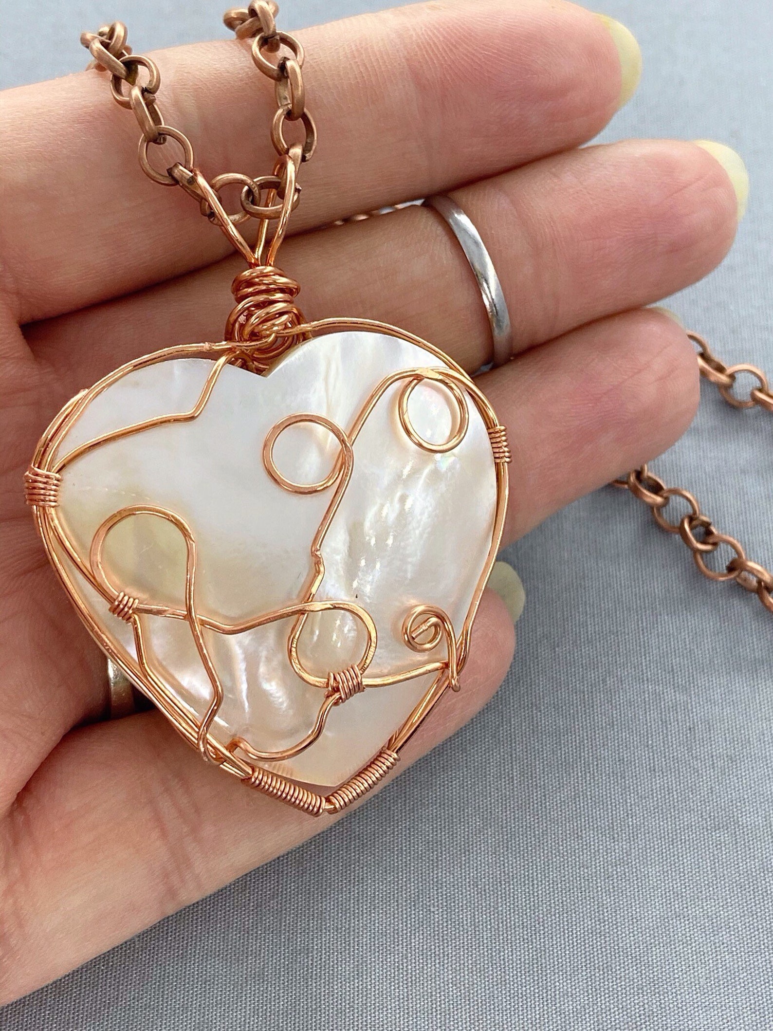 Rustic Copper Wire Heart Pendant Necklace, Wire Wrapped Pendant, Shell ...