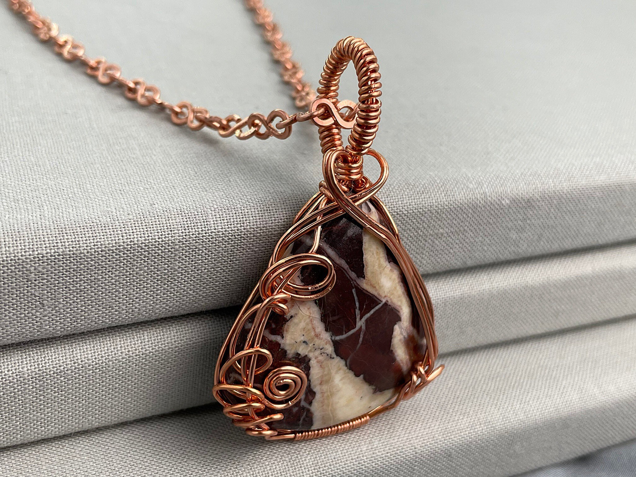 Brown & White Agate Copper Wire Wrap Pendant Hammered Chain, Rustic ...