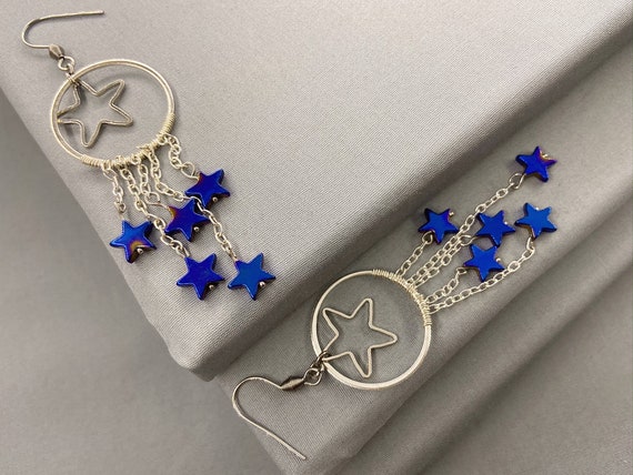 Blue Silver Multi Star Earrings Hematite Earrings Shooting Star Earrings Star Drop Earrings Celestial Earrings Everyday Earrings Etsy
