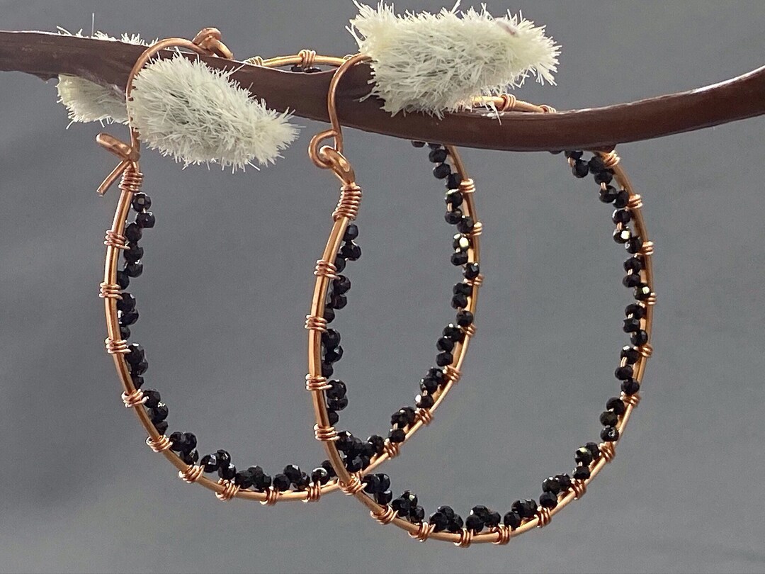Copper Hoop Earrings: Wire Wrapped Black Spinel Gemstone Hoops - Etsy