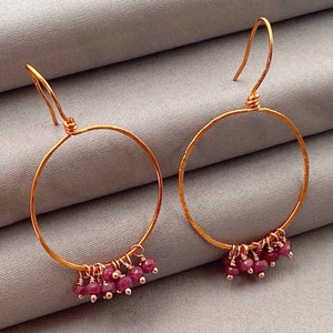 Copper Hoop Earrings With Rubies, Ruby Hoop Earrings, July Birthstone ...