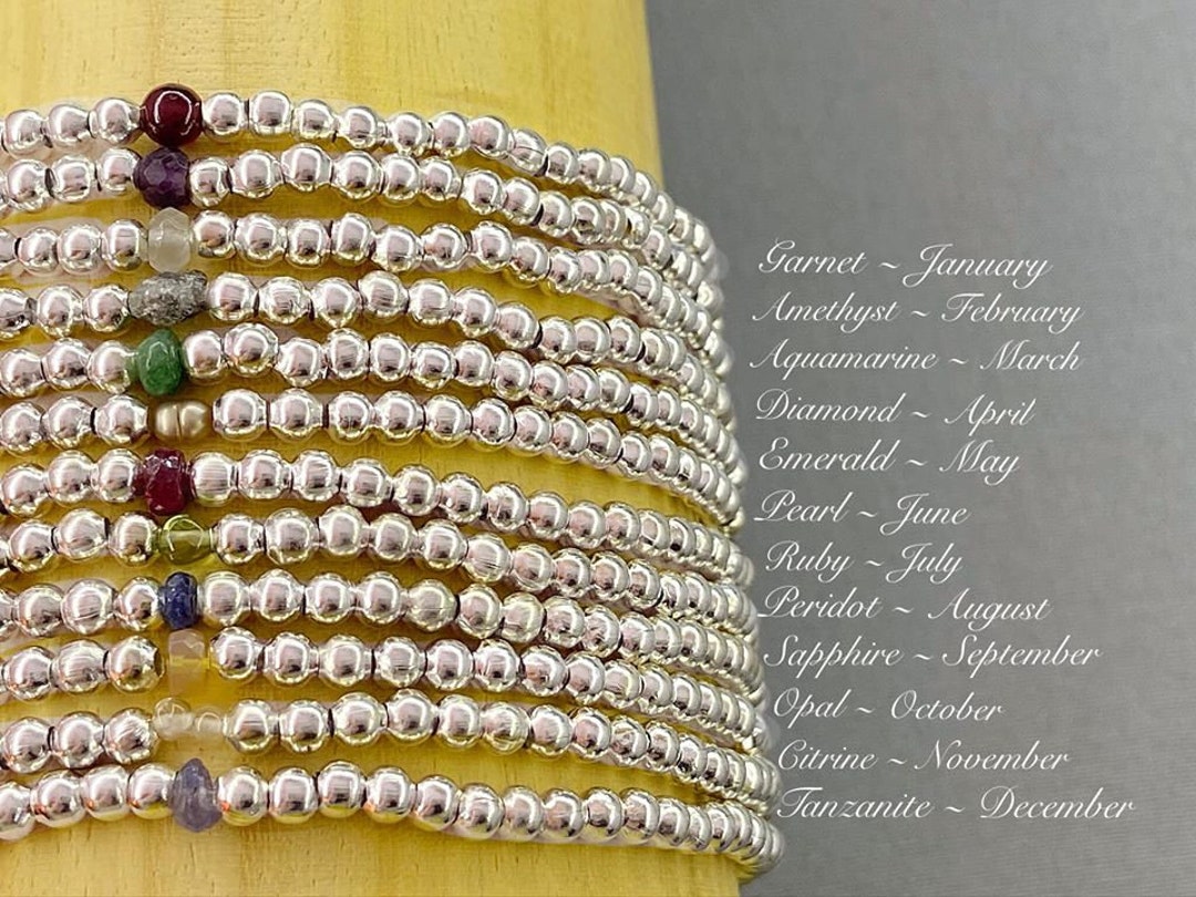 Birthstone Beaded Bracelet: Stainless Steel Gemstone Stacking Bracelet ...