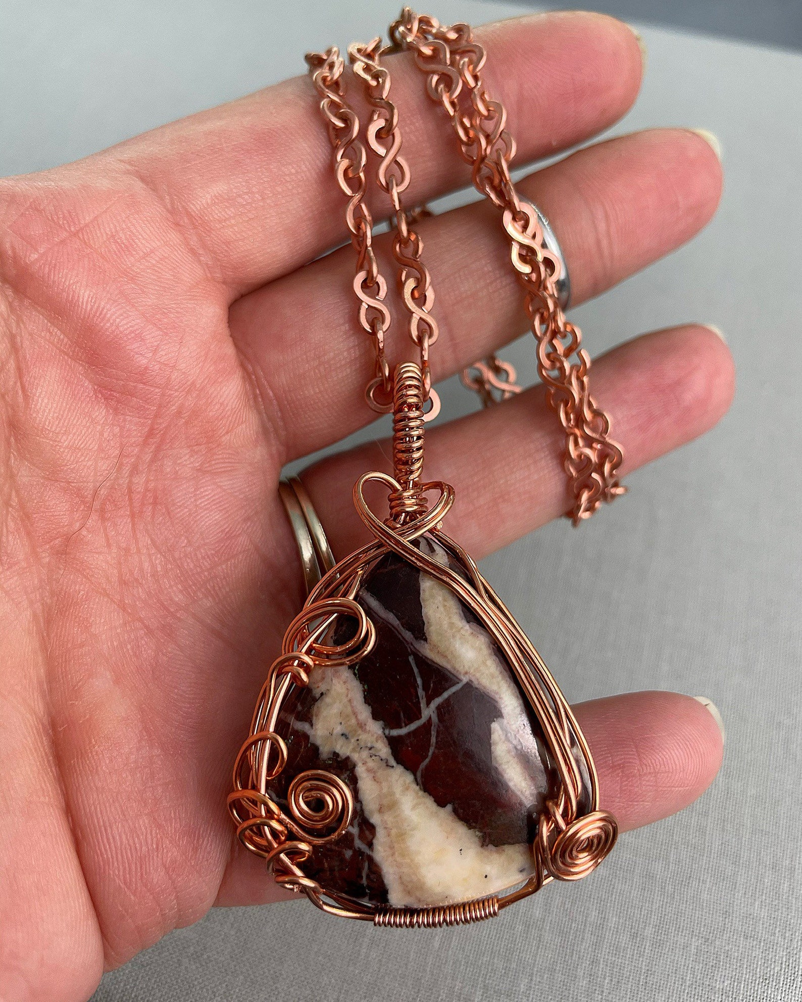 Brown & White Agate Copper Wire Wrap Pendant Hammered Chain - Etsy