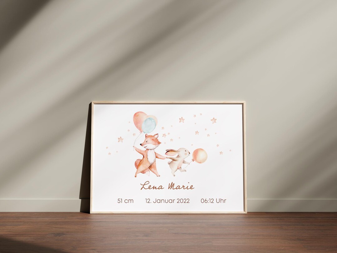 Personalized Birth Poster With Fox and Hare | Baby Poster With Name ...