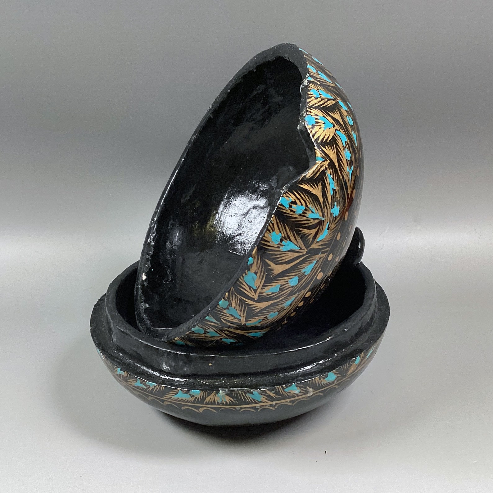 Vintage Black Teal Gold Color Box Pumpkin Round-lidded Box Lacquer ...