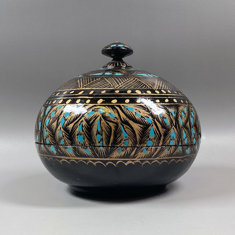 Vintage Black Teal Gold Color Box Pumpkin Round-lidded Box Lacquer ...