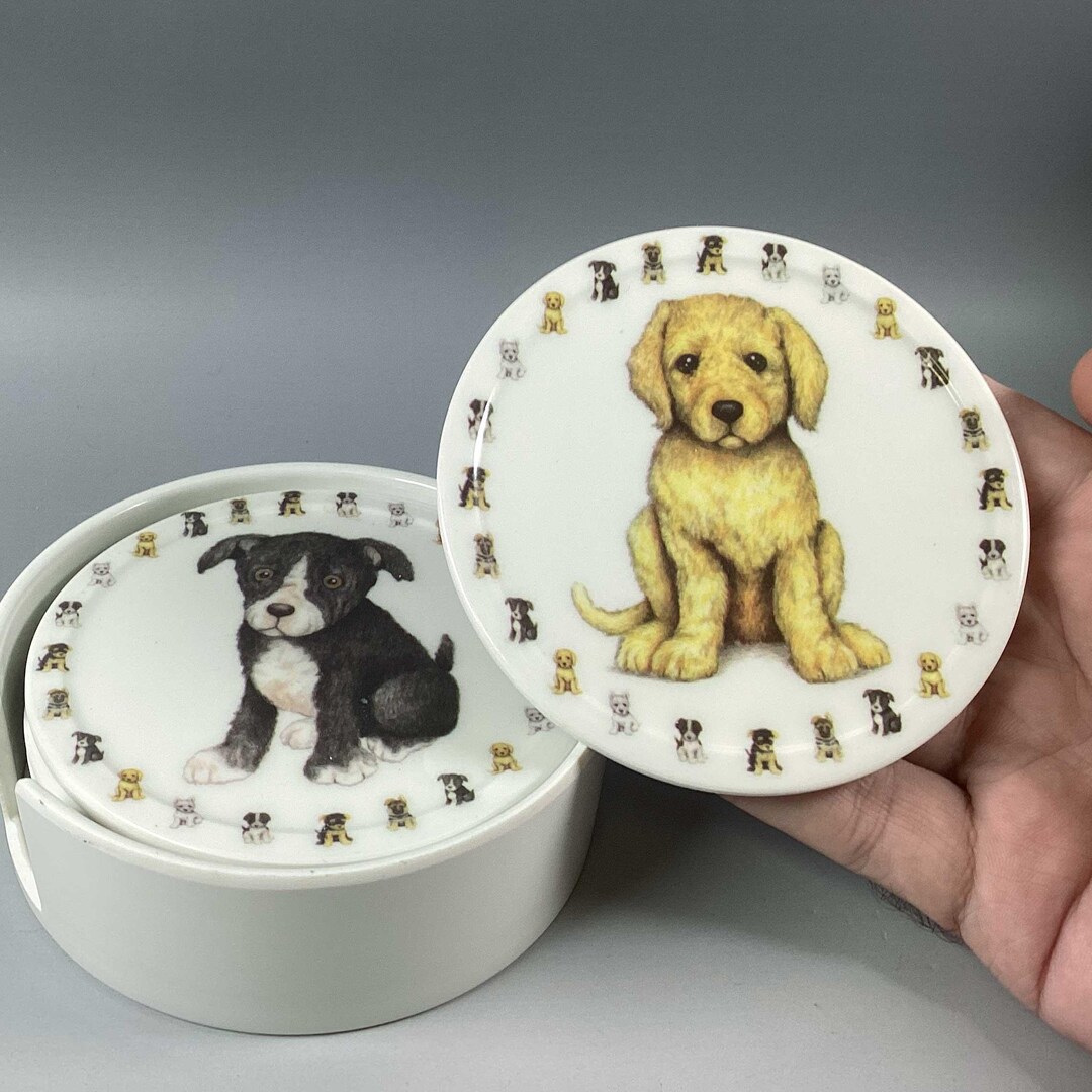 Old Set Coasters Cute Various Puppy Love Dogs Round Small Coaster Beer ...