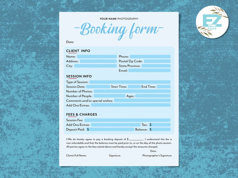 Photographer's Booking Form PSD Editable and Printable - Etsy