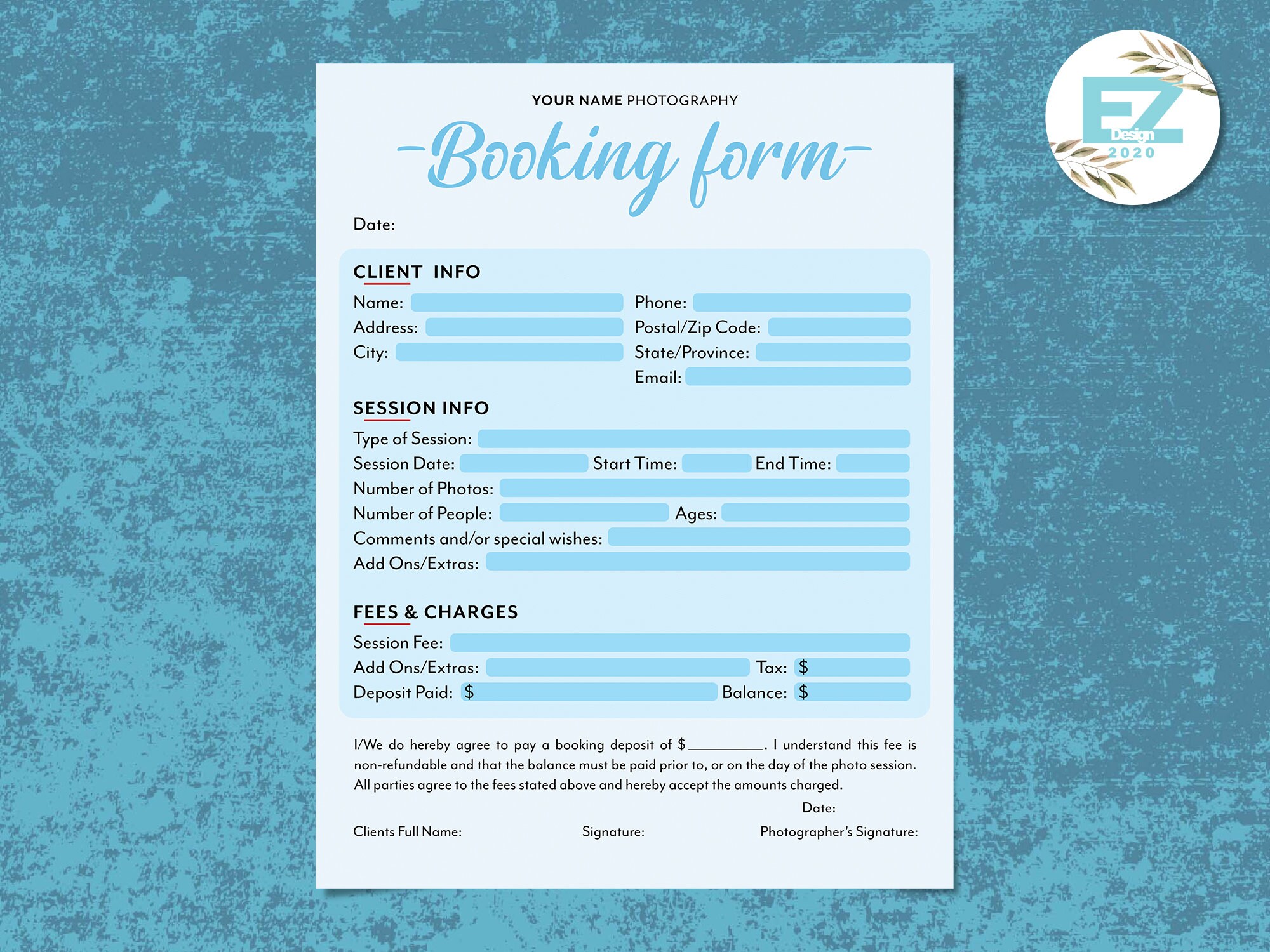 Photographer's Booking Form PSD Editable and Printable - Etsy