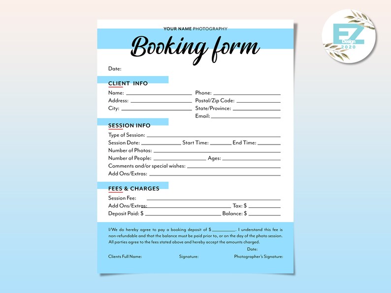 Photographer's Booking Form - PSD Editable and Printable - Etsy