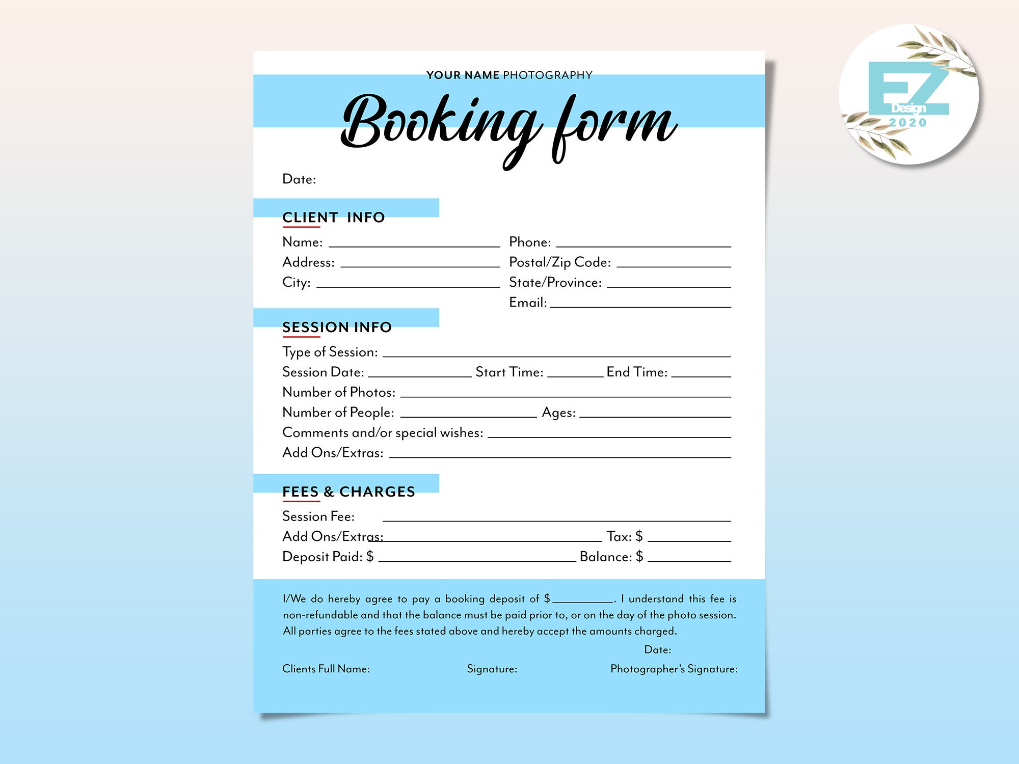 Photographer's Booking Form PSD Editable and Printable - Etsy