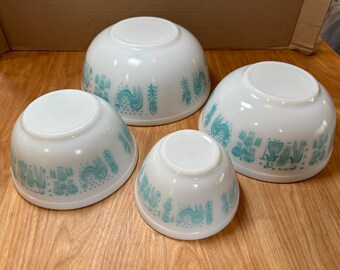 Set of 3 Pyrex Bowls AMISH BUTTERPRINT Turquoise Aqua Vintage Glass 401 ...