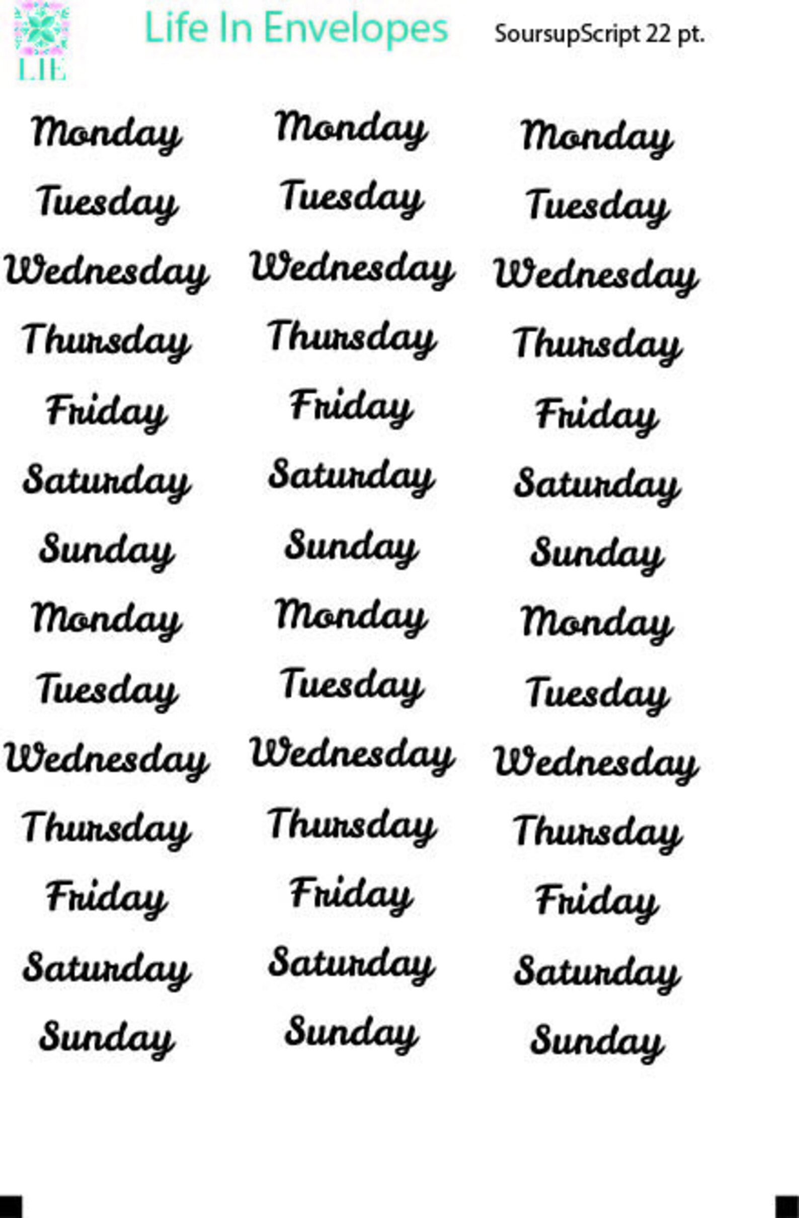 Soursupscript // Days of the Week or Date Dots // 14, 22, 30 Point Font ...