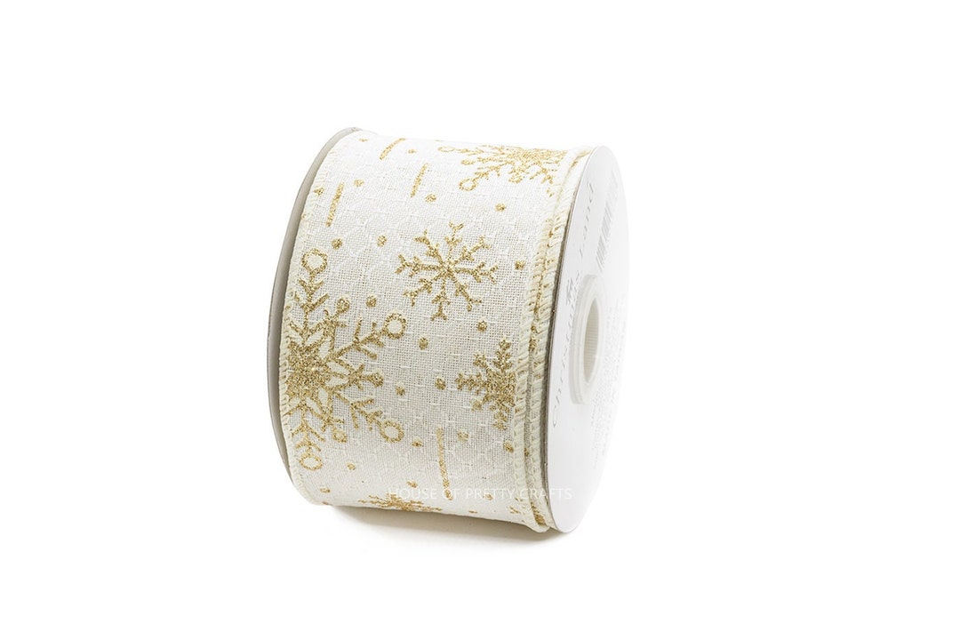 Christmas Wired Burlap Like Ribbon Gold Glitter Snowflakes 2 - Etsy UK