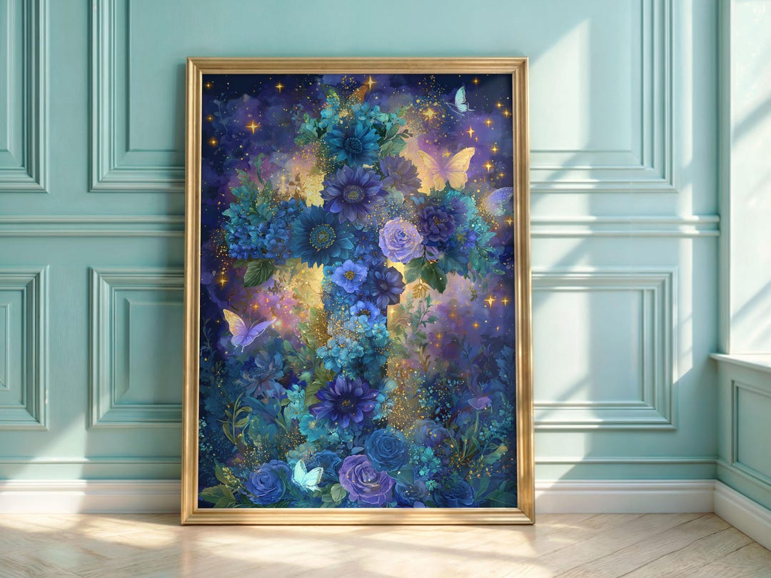 Printable Blue Floral Cross Wall Art, Butterfly Christian Wall Decor ...