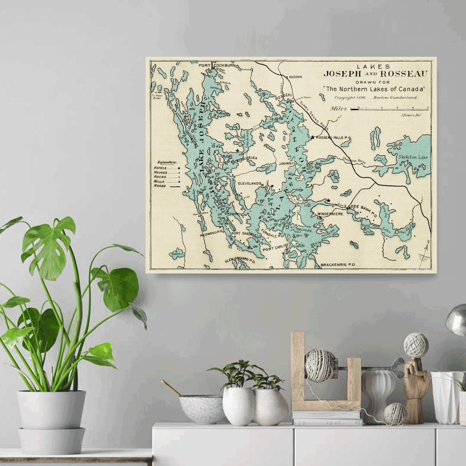 Canvas Print Vintage Map of Lakes Joseph and Rosseau, Muskoka District ...