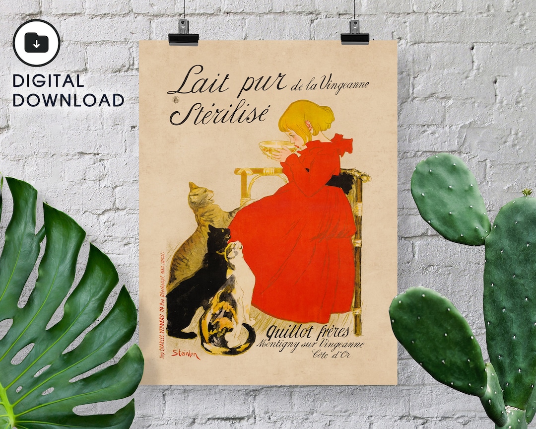 Digital Download - Vintage French Milk Ad, Little Girl With Cats. Lait ...