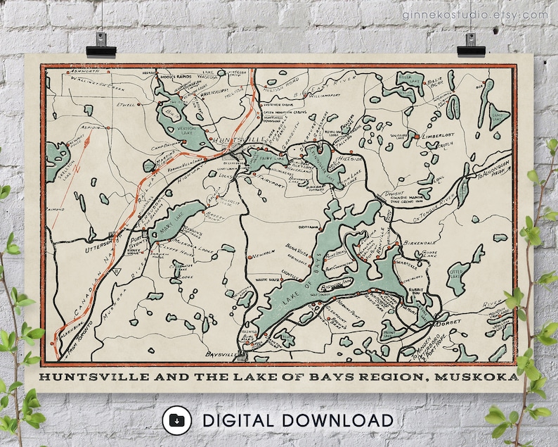 Digital Download - 1930 Vintage Map - Huntsville and the Lake of Bays ...