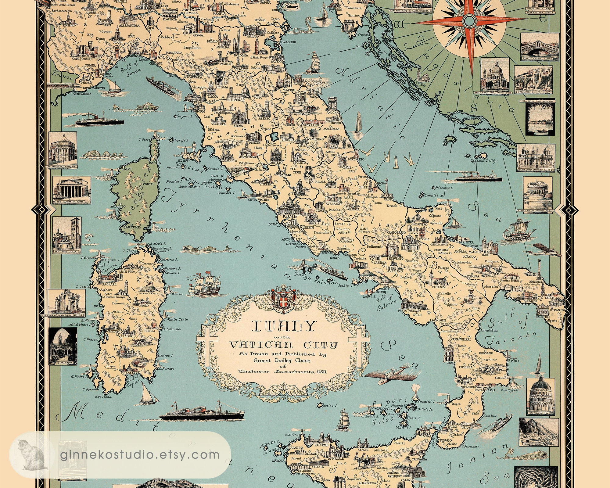 Canvas Print - 1935 Vintage Map of Italy and Vatican City [18"x24"] - Etsy