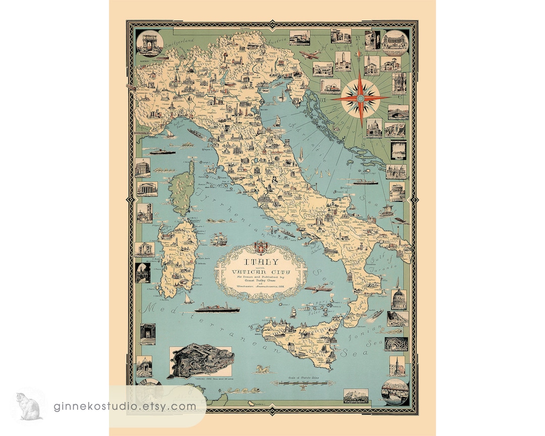 Canvas Print - 1935 Vintage Map of Italy and Vatican City [18"x24"] - Etsy