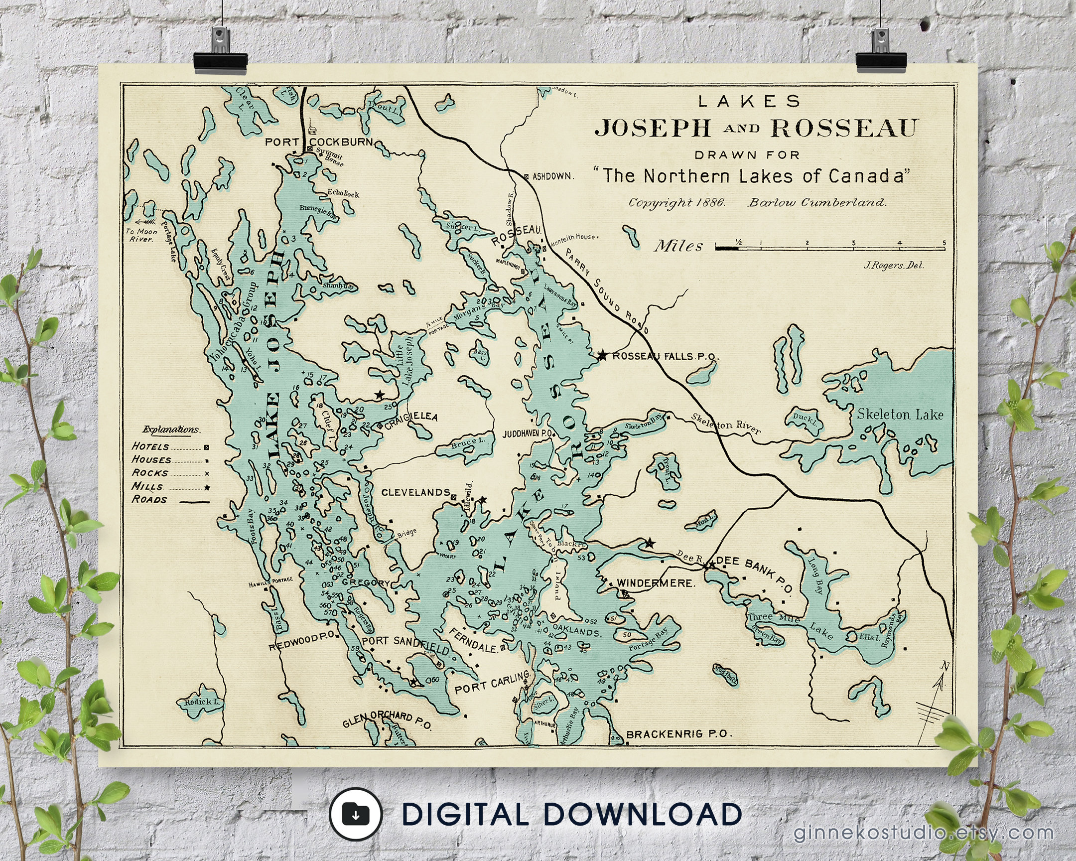 Digital Download - Vintage Map of Lakes Joseph and Rosseau, Muskoka ...