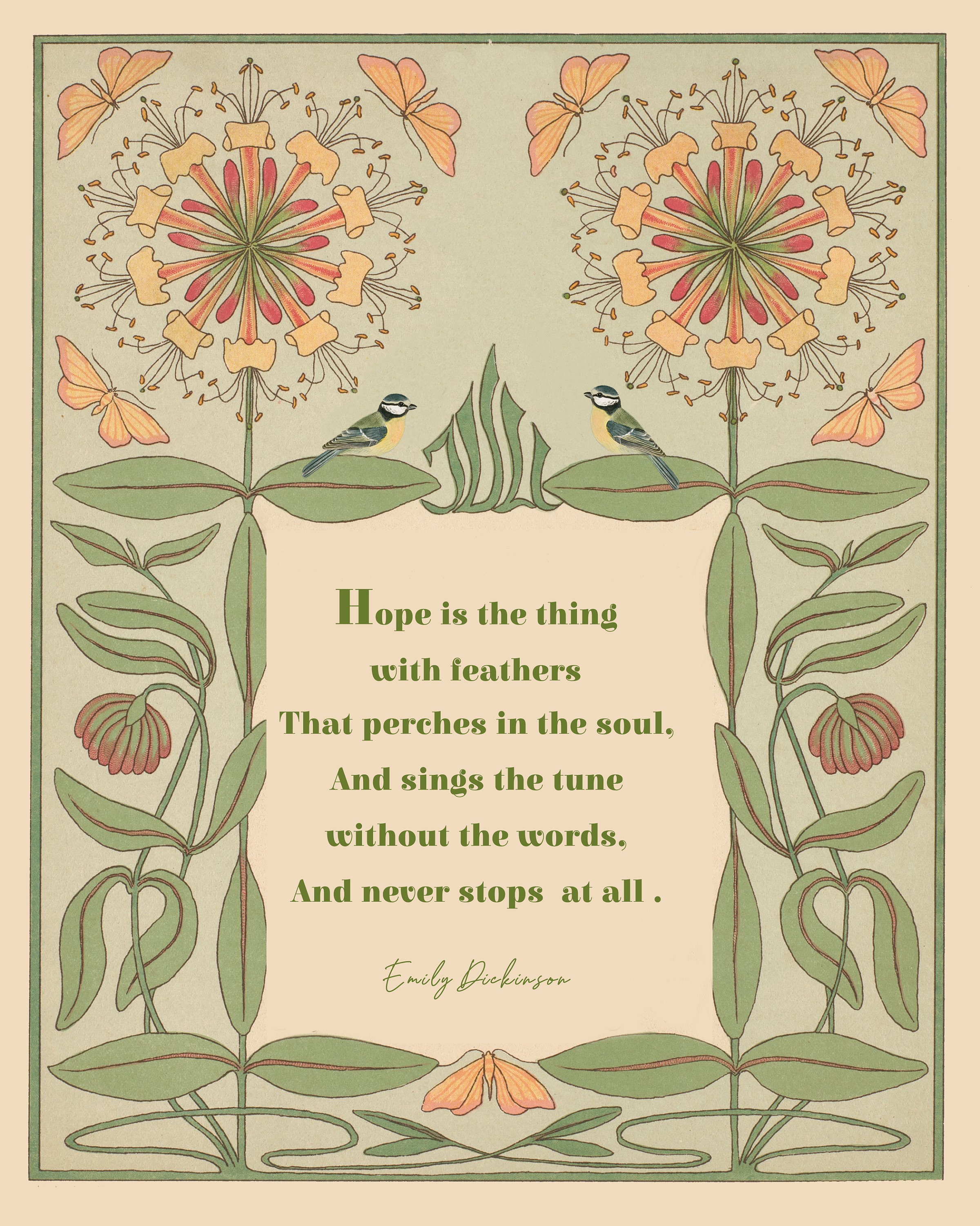 Emily Dickinson Poem , Hope is a Thing With Feathers , Vintage Floral ...