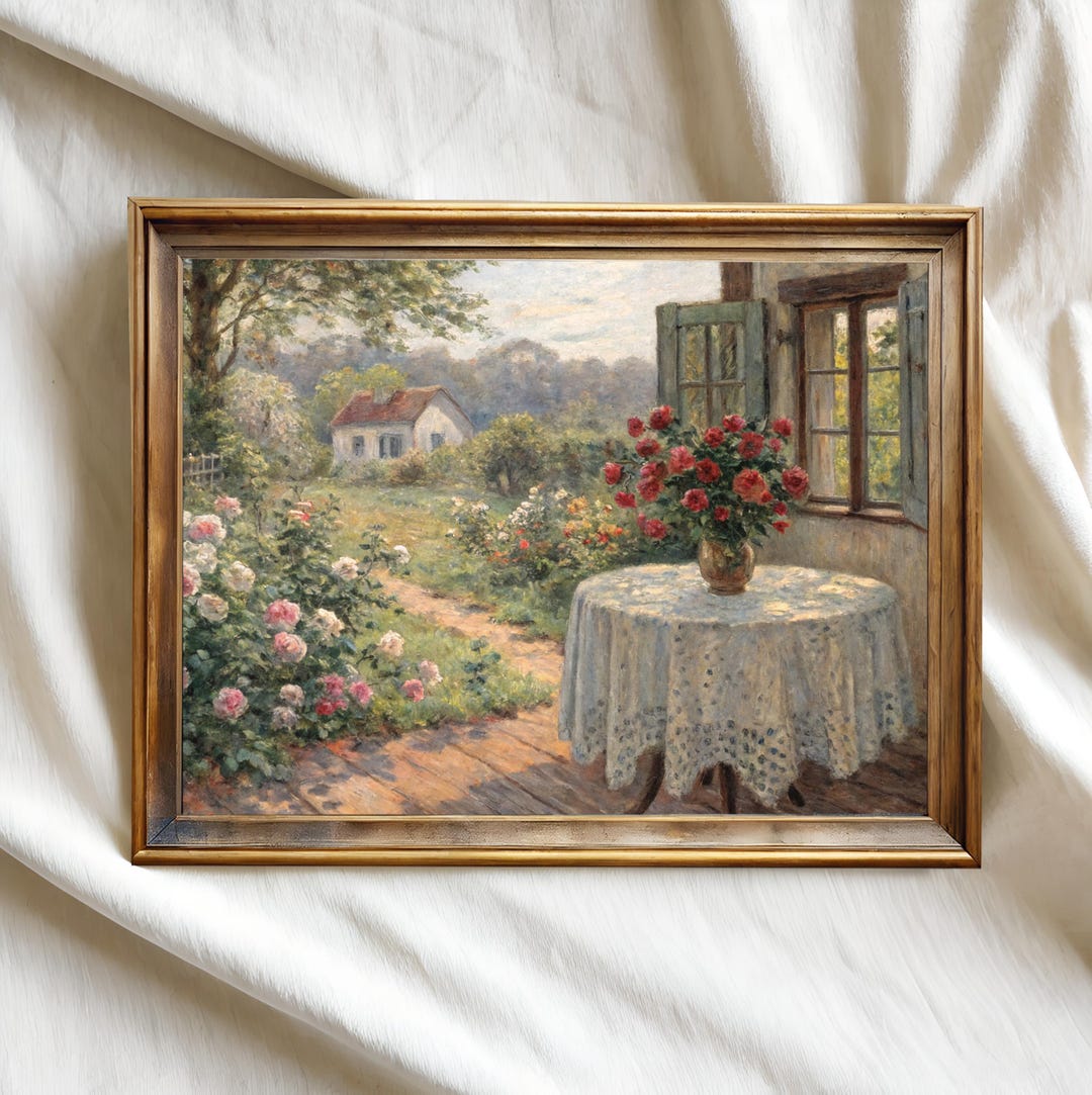 Vintage Cottage Garden Print , Floral Table Scene , Country Porch Wall ...