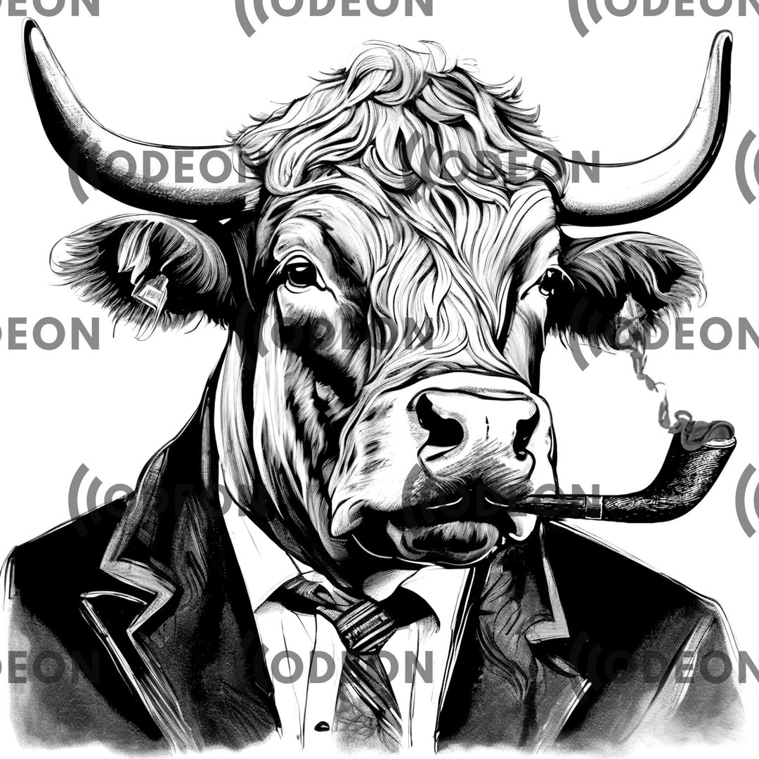 Bull Smoking a Pipe Digital Art, Black & White, Perfect for Home Decor ...