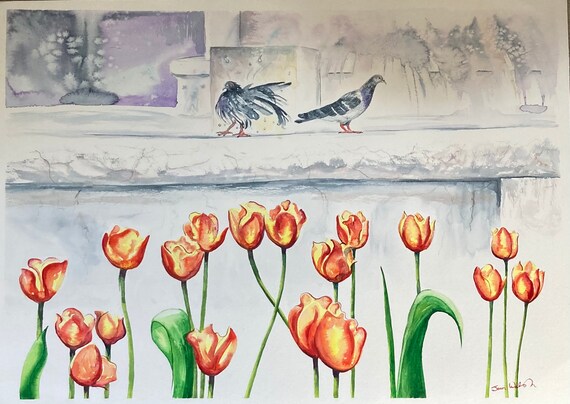 Pigeons Among the Tulips - Etsy