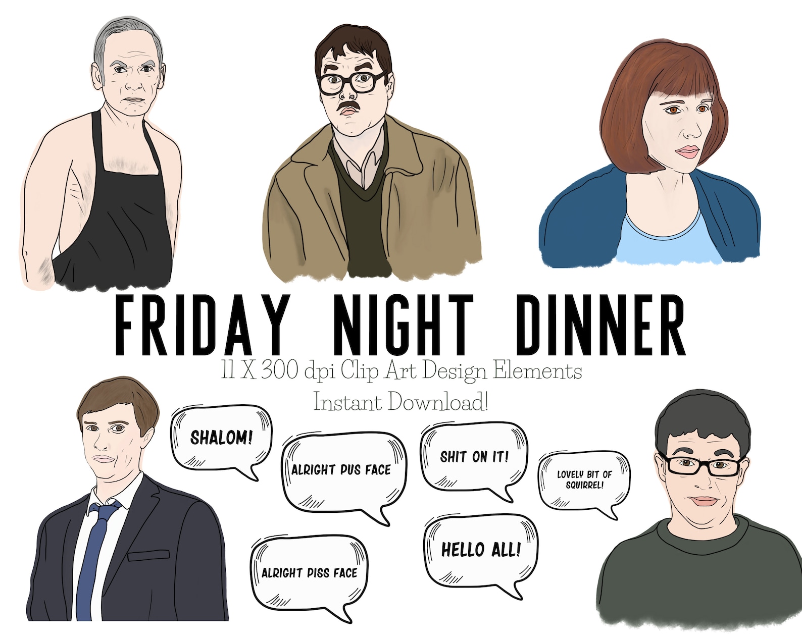 FRIDAY NIGHT Dinner Hand Drawn Clip Art Illustration- Design Elements ...