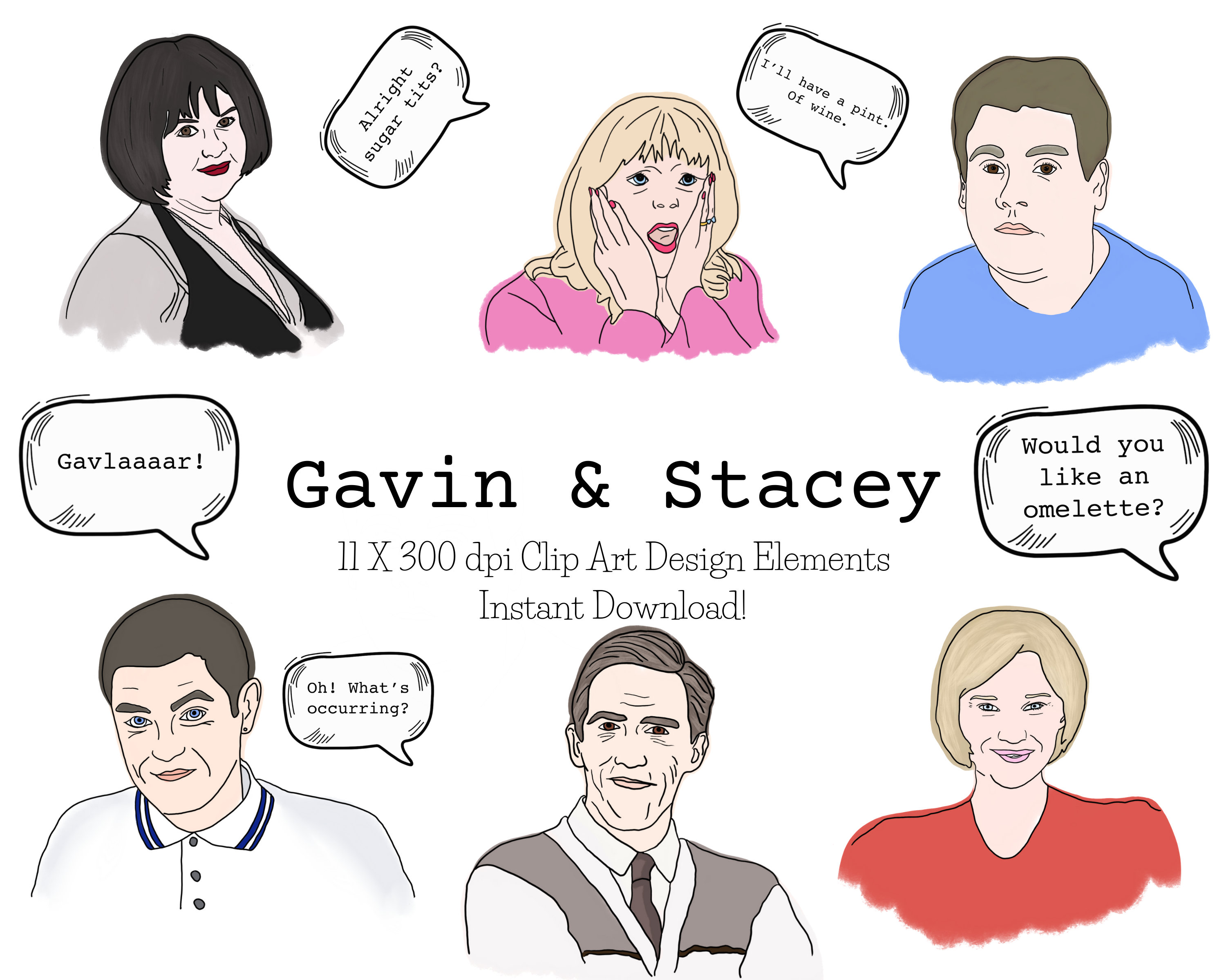 GAVIN & STACEY Hand Drawn Clip Art Illustration- Design Elements - 11 X ...
