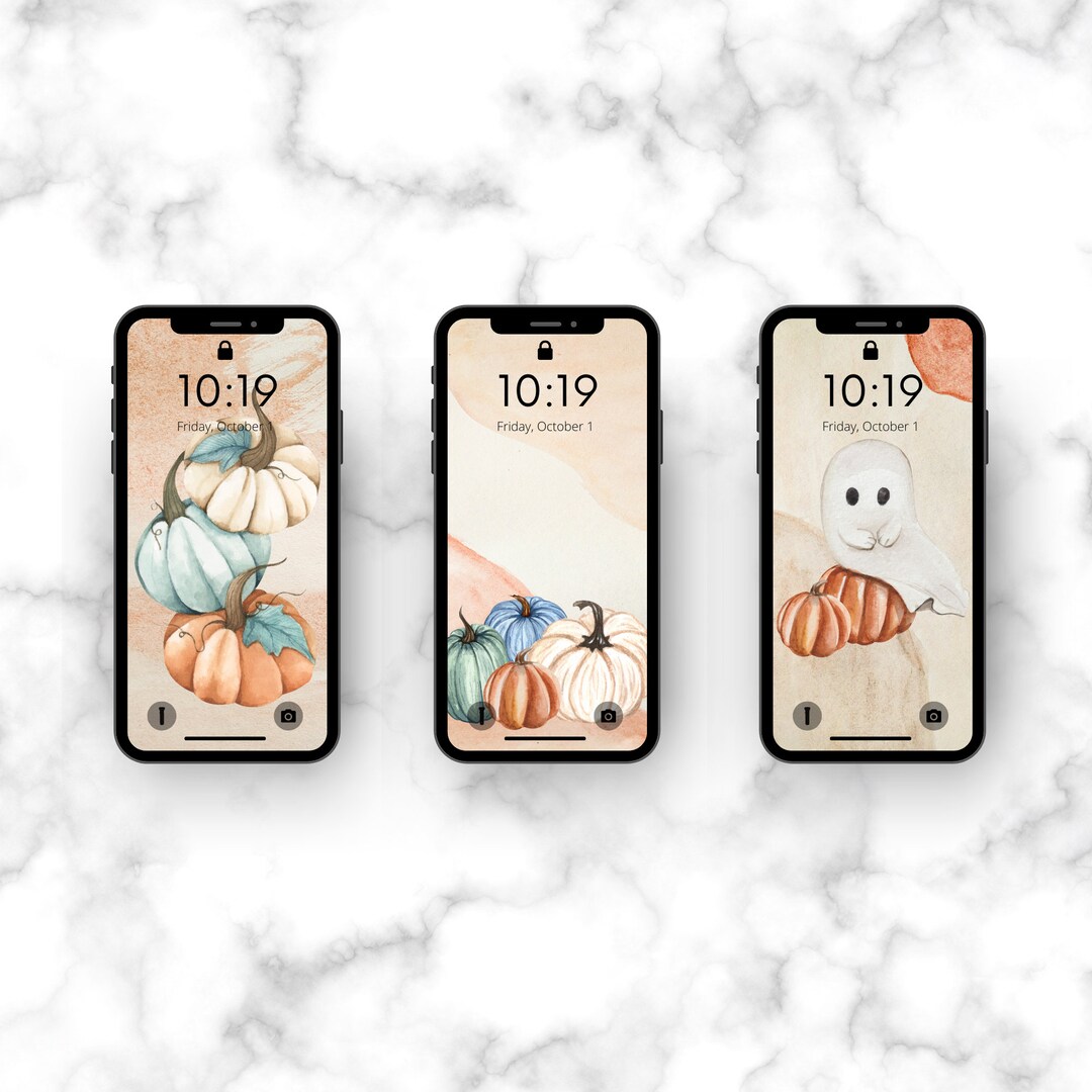 Phone Wallpaper Autumn Watercolor | Ghost and Pumpkins Phone Background ...